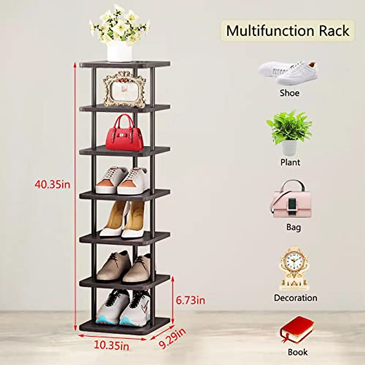 SORCEDAS Shoe Rack Organizer 7 Tier Vertical Storage Stand Narrow Shelf for Small Spaces Entryway Corner Closet Door Bedroom Black (Black + Rustic Dark Brown, 7 Tier-Small)