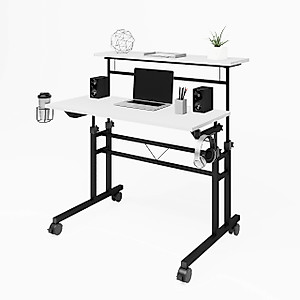 LKKRO Rolling Writing Desk with Height Adjustable Desktop and Moveable Shelf, White