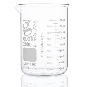 Globe Glass, Beaker, Heavy Duty, 2000mL, Low Form Griffin Style, Dual Graduations, ASTM E960, 4/Box