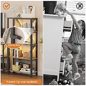 GarveeHome 3 Tier Bookshelf with LED Lights, Bookcase with Open Display Shelves, Wood and Metal Standing Bookshelf with Storage Rack for Living Room Bedroom Home Office, Grey