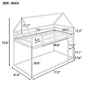 MERITLINE House Shaped Bunk Bed Twin Over Twin Size Wood Bunk Bed Frame Low Bunk Beds for Kids and Toddlers, Twin Size,White
