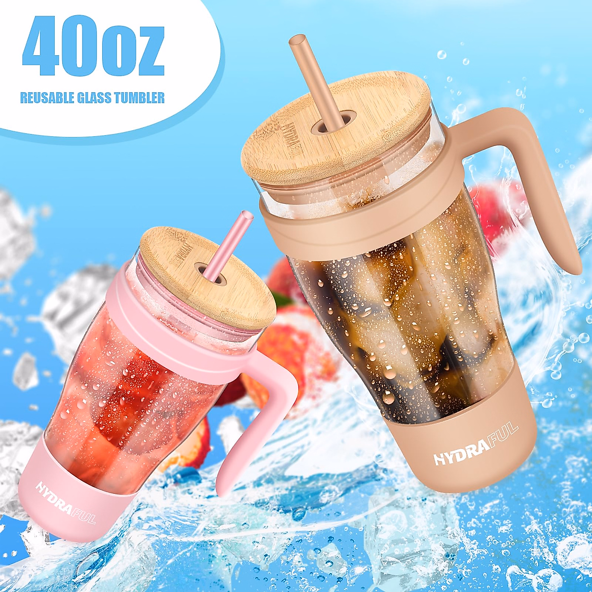 Hydraful 40 oz Glass Tumbler with Handle, Reusable Glass Tumbler with Straw and Lid, BPA Free Clear Glass Tumbler with Bamboo Lid, Fits In Cup Holder, Dishwasher Safe, Amber