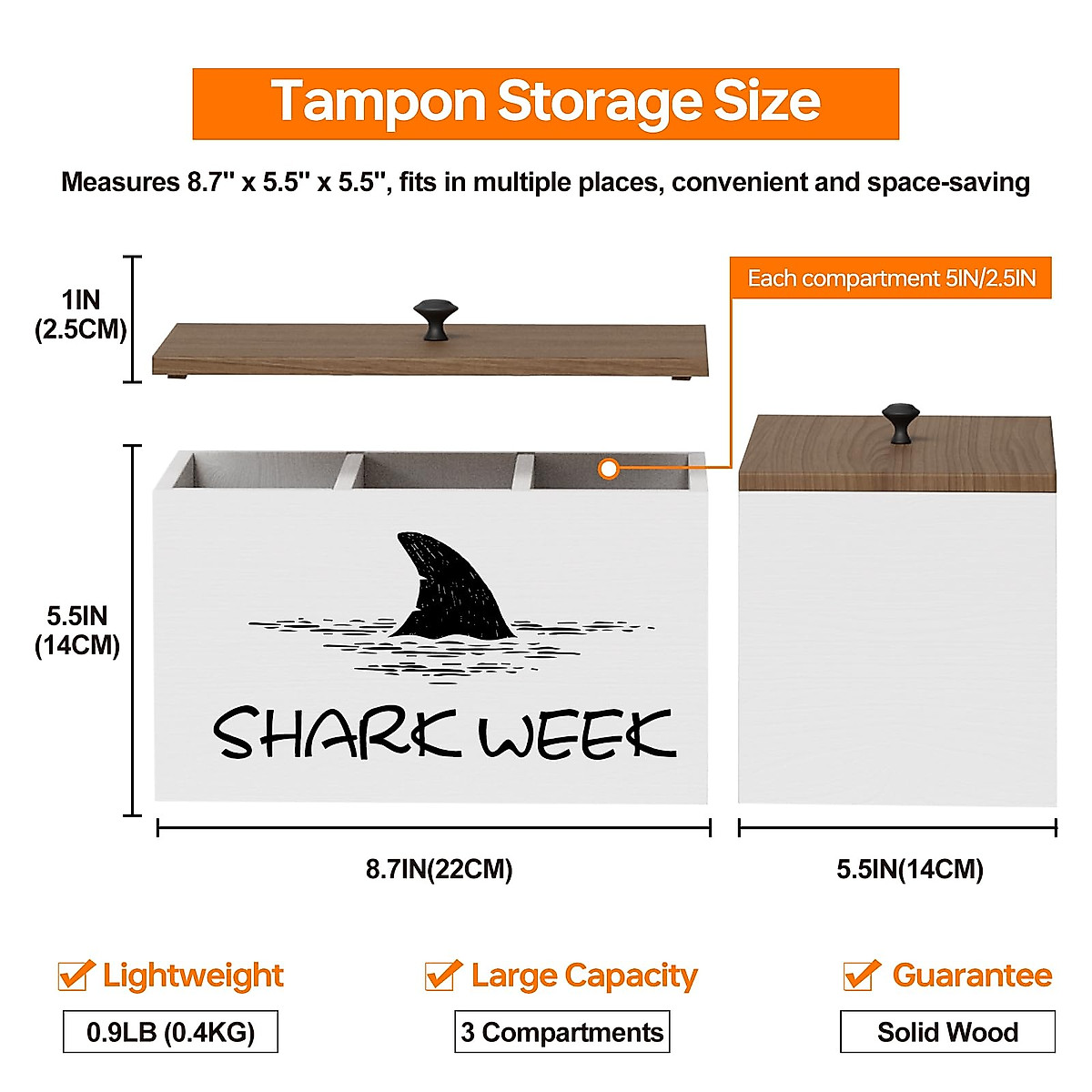 Tampon Holder for Bathroom,Tampon Storage Container,Feminine Product Organizer,Removable Organizer,Shark Week Wood Box with Lid,Tampon Organizer,Christmas Gifts for Mom and Female Friends (Black)