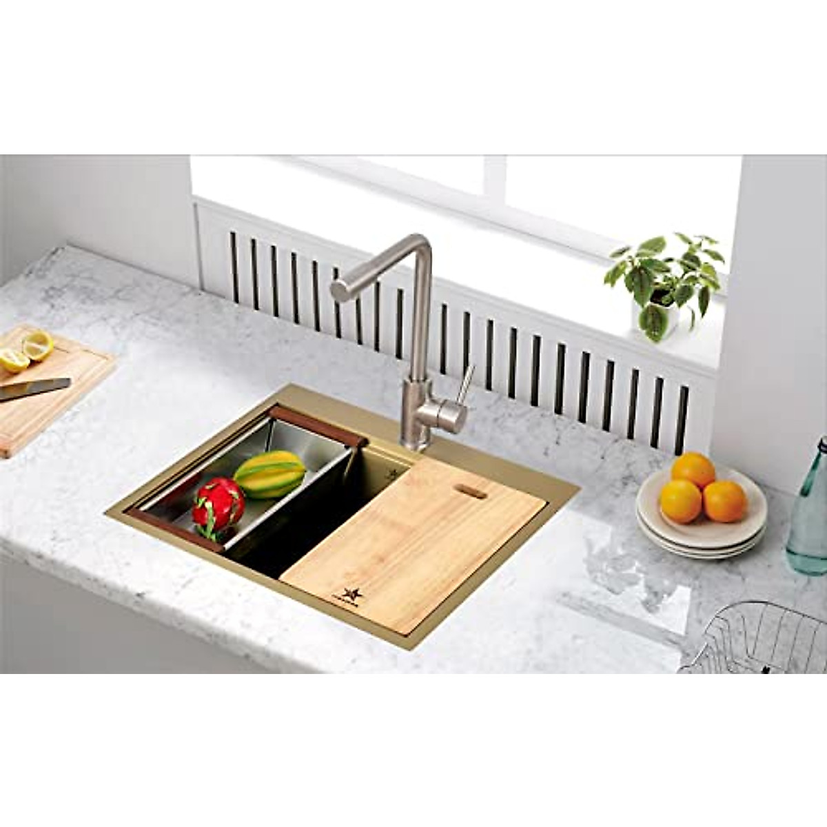 STARSTAR Workstation Ledge Top Mount/Drop-in Gold 304 Matte Stainless Steel Single Bowl For Kitchen,Yard, Office, Bar, Laundry Sink (21 x 20 x 10)