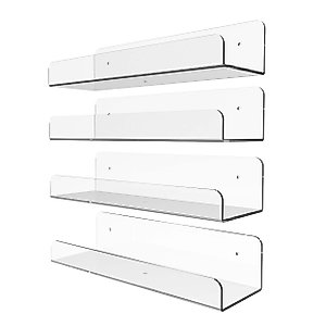 BTSD-home 4 Pack 15" Clear Acrylic Shelves Display Ledge for Wall Storage, Acrylic Floating Shelves Wall Mounted for Kids Bookshelf, Bedroom, Living Room, Bathroom, Kitchen.