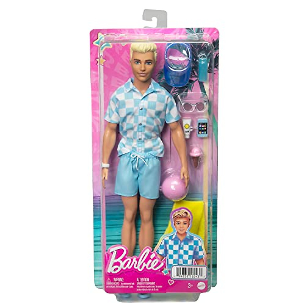 Blonde Ken Doll with Blue Button Down and Swim Trunks, Visor, Towel and Beach-Themed Accessories, HPL74
