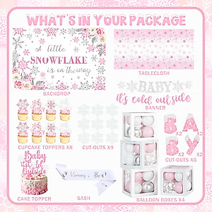 Fiesec Baby It’s Cold Outside Baby Shower Decorations Girl, Winter Wonderland Baby Shower Backdrop Balloon Garland Arch Glitter Banner Cake Topper Sash Snowflake Cutout Pink Silver 114 PCs