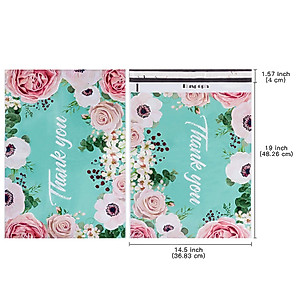 RUSPEPA 14.5x19 Inch Poly Mailers Shipping Bags Thank You Notes Flowers Surrounded Teal Poly Mailers 3 Mil Heavy Duty Self Seal Mailing Envelopes - 50 Pack