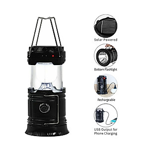 BYRUYI LED Solar Camping Light Rechargeable Flashlight Portable Lantern for Camping Hurricane Emergency Power Outage Hiking Fishing (Black)