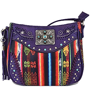 Native Conchos Studded Purse Women Rhinestone Crossbody Handbags Leather Tassel Country Adjustable Strap Single Shoulder Bag (Purple)
