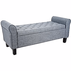 Babion Storage Bench for Bedroom End of Bed,Linen Ottoman Bench with Storage and Arms,Upholstered Fabric Storage Bench with Button Tufted,Large Storage Bench for Bedroom, Bench Linen Dark Gray