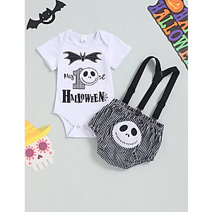 My First Halloween Outfit Baby Boy Newborn Gentleman Suspender Romper and Skull Bottom Halloween Clothing (Skull Striped, 0-3 Months)