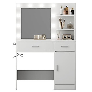 LIVELYGLOW Vanity Desk with Mirror and Lights, Makeup Vanity with Drawer & Storage Shelves, Cabinet, 3 Lighting Modes Adjustable Brightness, Bedroom Dressing Table, White