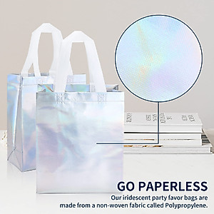 ISUSSER 24 Pack Holographic Gift Bags With White Handles Non Woven Reusable Handled Gift Bags Iridescent Tote Bags Glossy Welcome Bags for Shopping Birthday Party Wedding, 8 x 4 x 10 Inch