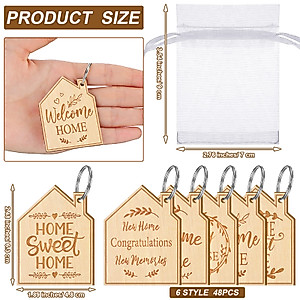 Yinkin 48 Pcs New Home Keychain Bulk Welcome Home Wood House Keychain Cute Home Keychain New Home Key Ring Decoration with Organza Bags for Real Estate Gifts Family Client Home Buyer Customer