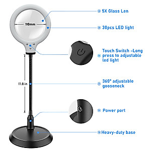 Delixike 5X Dimmable Magnifying Lamp,Large Hands Free Magnifying Glass with Light and Stand for Reading,Hobbies,Crafts,Workbench