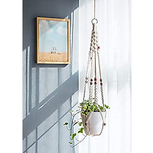 Mkono Macrame Plant Hanger Indoor Outdoor Hanging Planter Basket Cotton Rope with Beads 35 Inch