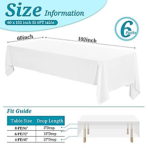 6 Pack Tablecloth 60 x102 inch Polyester Table Cloth for 6 Foot Rectangle Tables,Stain and Wrinkle Resistant Washable Fabric Table Covers Polyester White Table Clothes for Wedding,Party,Banquet