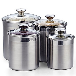 Cooks Standard Stainless Steel airtight Glass lid 4-Piece Food Jar Storage Canister Set for Tea Cofee Sugar Flour Baking Pantry Kitchen Counter