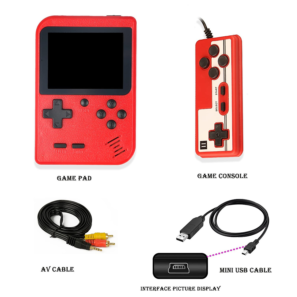 Nikodocr Portable Handheld Game Console, 3 Inch LCD Screen Portable Video Game Console with 500 Classic Games, 1020mAh Rechargeable Battery Support for Connecting TV and Two Players (Red)