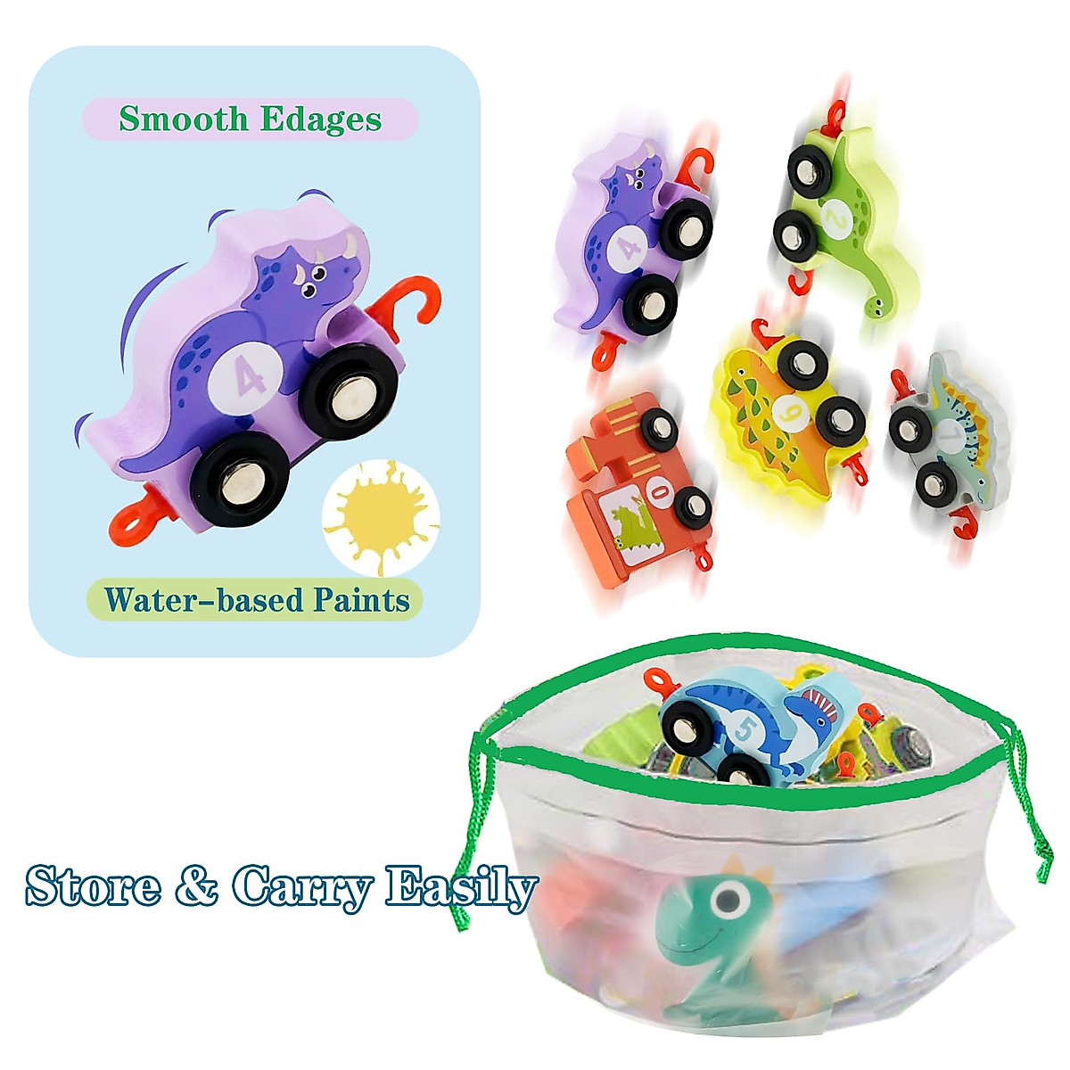 Dinosaur Toys for Kids 2-4 Gifts, Wooden Educational Dinosaur Train Set for Toddlers Age 3-5 with Playmat/Storage Bag, Montessori Educational Toys for 2+ Years Old Boys & Girls