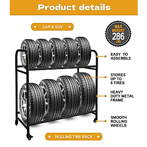 Landrol Tire Cart Rack Organizer, Heavy Duty Mobile Tire Holder for Garage Storage, Adjustable Tire Stand Indoor/Outdoor with 2 Universal Rolling Wheels Shelves
