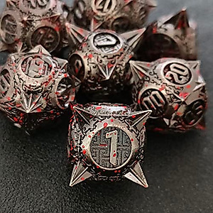 Metal DND Dice Set, Round Tip Dice 7 Polyhedral Dice, Mtg Pathfinder D20 Set for Rpg Roleplaying Dice Game D20 Free Leather Storage Bag Bloodstains