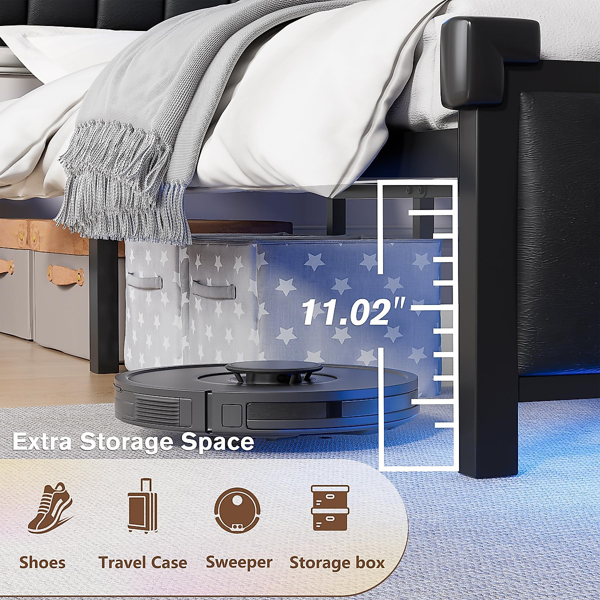 Alohappy Queen Bed Frame with Bookcase Headboard and LED Light,Upholstered Platform LED Bed Frame with Charging Station,Type-C & USB Ports,No Box Spring Needed,Easy Assembly and Noise Free