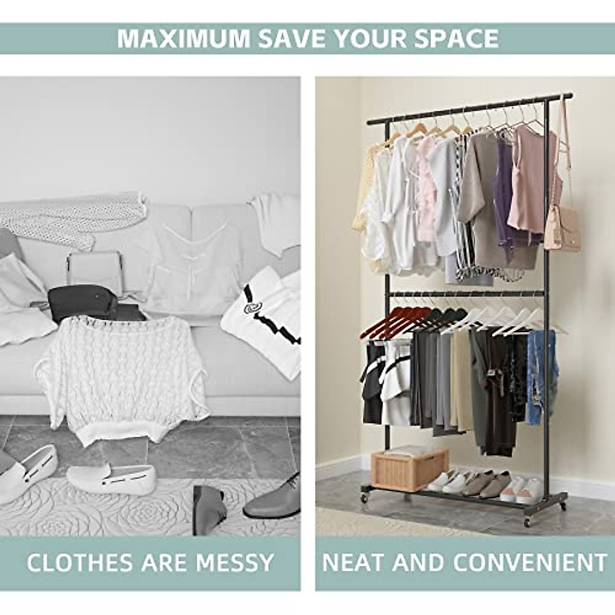 Sywhitta Double Rod Clothing Garment Rack, Rolling Clothes Organizer on Wheels for Hanging Clothes, Easy to Assemble, Adjustable, Black