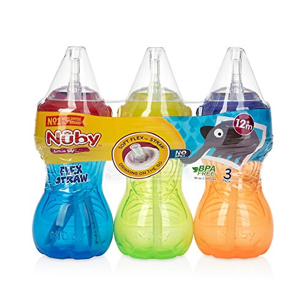Nuby No-Spill Sippy Cup with Flex Straw - (3-Pack) 10-Ounce Bottles - Sippy Cups for Toddlers 12+ Months - Neutral Color Training Cups for Toddlers