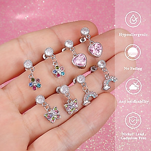 YADOCA 4 Pairs Screw Back Earrings For Girls Women Hypoallergenic 316L Stainless Steel Cute Pink CZ Heart Screwback Dangle Earrings Multicolored Cubic Zirconia Flower Butterfly Rainbow Earrings Dangling Set