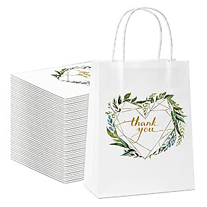 100 Pieces Small Thank You Gift Bags with Handles Baby Shower Party Bags Greenery Paper Goodie Bags Gift Wrap Bags for Business, Boutique, Birthday, Gifts, Wedding Favors, 5.91 x 3.15 x 8.27 Inch