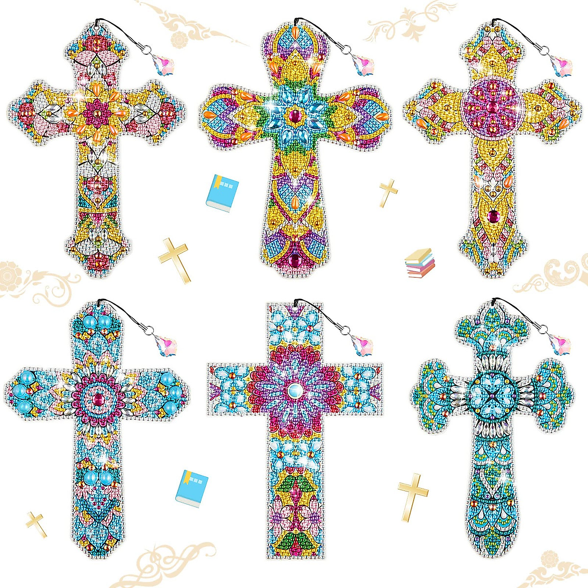 Ireer 6 Pcs Cross 5D Diamond Art Kit for Kids Adult DIY Painting Kit Religious Crystal Cross Diamond Bookmarks for Reading Lover Home Office School Project Read DIY Crafts Gifts, 6 Styles