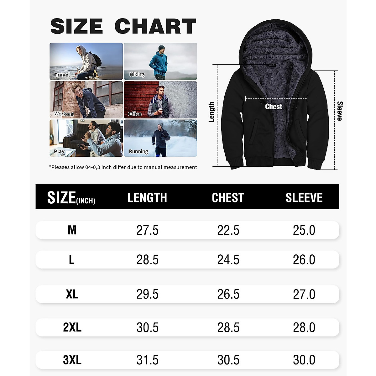 GEEK LIGHTING Hoodies for Men Heavyweight Fleece Sweatshirt - Full Zip Up Thick Sherpa Lined, Pure black L