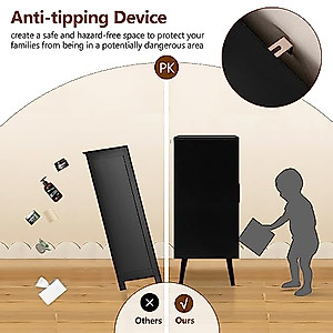 Iwell Boho Sideboard Buffet Cabinet, Kitchen Storage Cabinet with Natural Rattan Door & 2 Adjustable Shelves, Rattan Cabinet, Accent Cabinet for Living Room, Kitchen, Entryway, Black