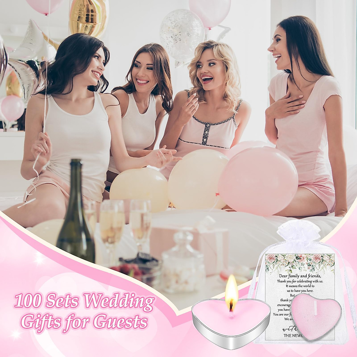 Threlaco 100 Sets Wedding Gifts for Guests 100 Heart Shaped Candles Mini Candles Wedding Candle Gifts for Guests 100 Thank You Cards and Organza Bags for Wedding Party Favors (Love, Pink)