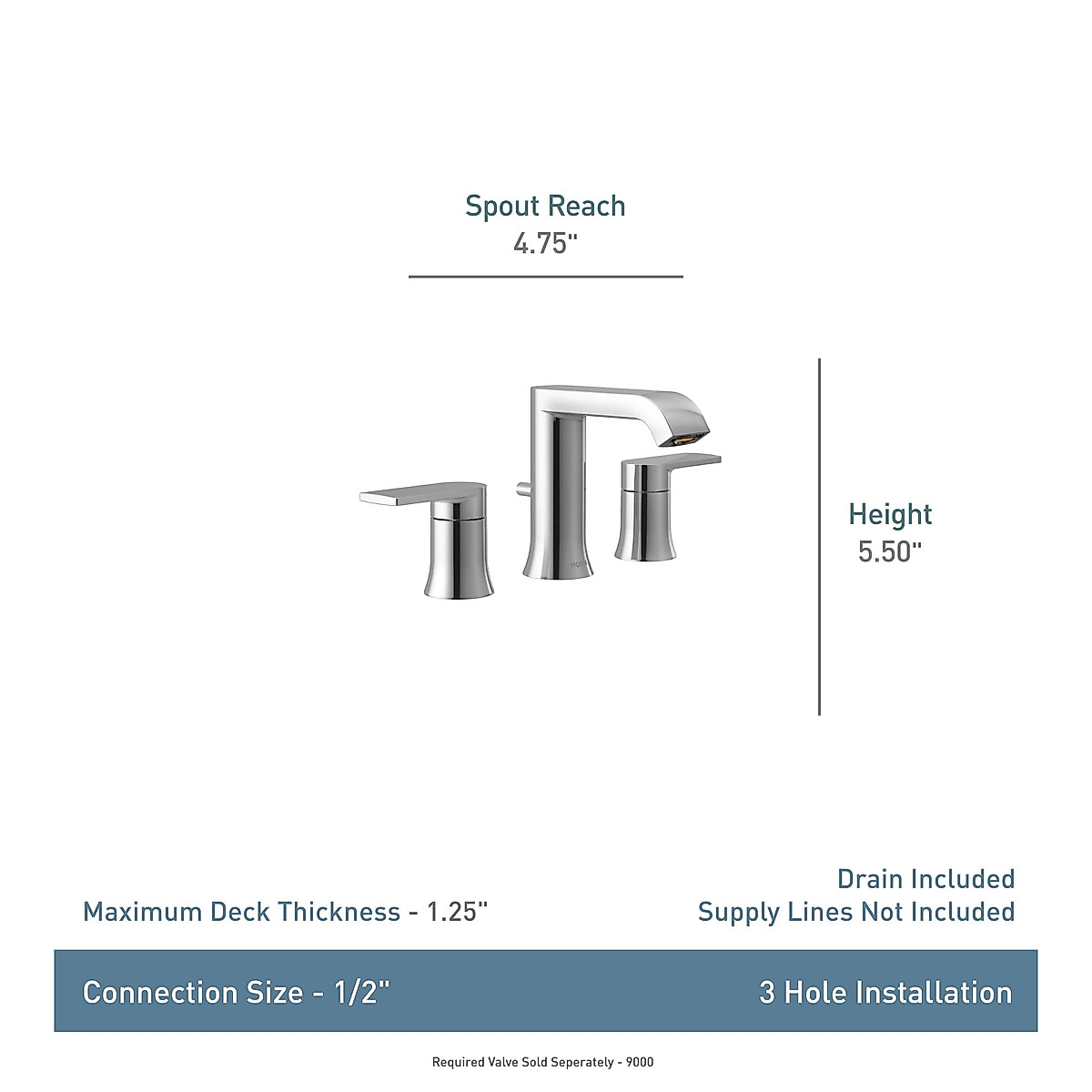 Moen Genta Chrome Two-Handle Widespread Modern Bathroom Faucet with Drain Assembly, Bathroom Sink Faucet 3-Hole Application (Valve Required), T6708