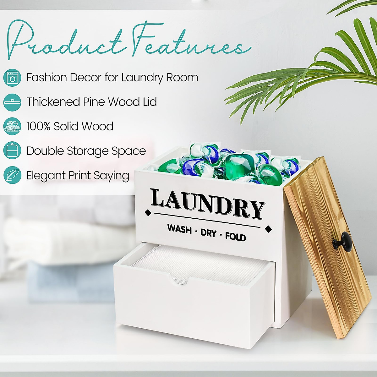 Dryer Sheet Holder with Drawer and Lid, Wood Dryer Sheet Dispenser and Laundry Pods Container for Laundry Room Organization and Storage, Laundry Pod Holder Wall Mount for Laundry Room Decor (White)