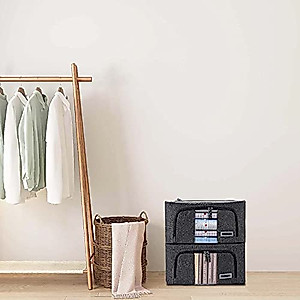 WONLIFE Folding Storage Box,Steel Frame Storage Box,Clear Collapsible Container,Foldable Cloth Storage Box,Closet Storage Bag,Stackable Storage Bins,Organizer/Handles/Window/Zipper(2-Pack,Darkgray,M)
