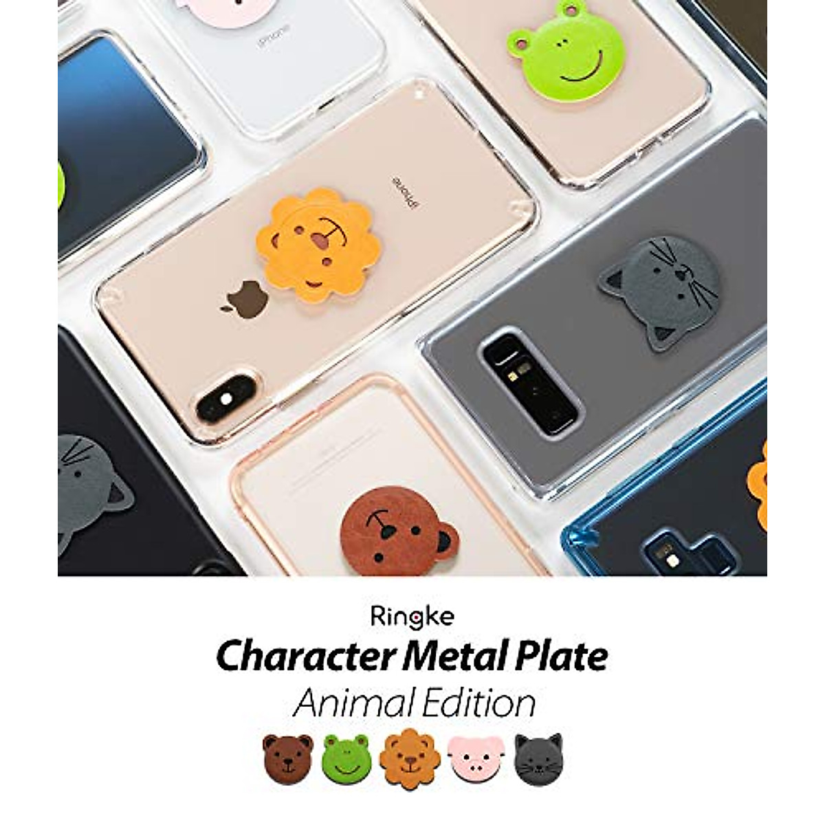 Ringke Magnetic Character Metal Plate Kit - Animal Edition (5 Pack, 1 Each) with 3M Adhesive Pad Compatible with Magnet Phone Car Mount Holder for Smartphone, iPad, Tablet, and Other Devices