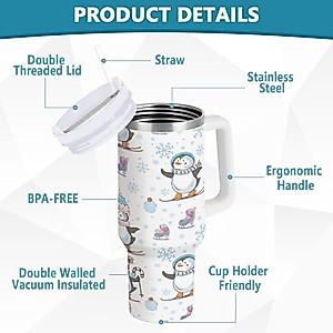 RPLIFE Cute Penguins White Travel Coffee Tumbler, Stainless Steel Cup, Water Cup with Straw and Lid