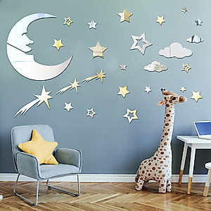 82 Pieces Moon and Stars Mirror Decals Removable 3D Acrylic Mirror Stickers Moon and Stars Wall Stickers Home Decor for Living Room Kids' Room Nursery Decoration