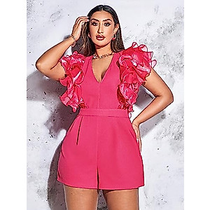 WDIRARA Women's Mesh Layered Ruffle Sleeve V Neck Pleated Solid Rompers Short Jumpsuits Watermelon Pink 3XL