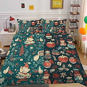 Cartoon Snowman Print Twin Duvet Cover Set Bohemian Christmas Balls Decorative Holiday Comforter Cover Xmas Plant Theme Bedding Set Winter Fashion Bedclothes for Kids Boys Girls Gift,King