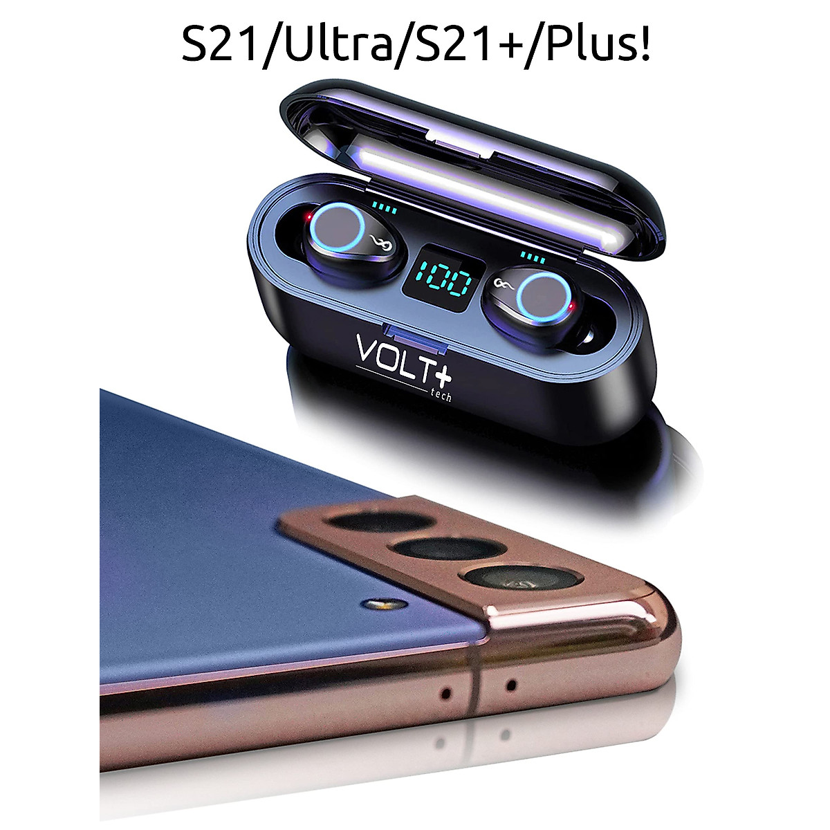 Volt Plus TECH Wireless V5.0 Bluetooth Earbuds Compatible with Microsoft Surface Duo 2 LED Display, Mic 8D Bass IPX7 Waterproof/Sweatproof (Black)