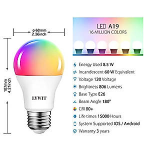 LVWIT Smart Light Bulb 2 Pack, A19 Smart LED, Work with Alexa, Google Assistant, Smart Life App, Tuya App, 8.5W (60W Replacement), 2700K-6500K, E26 RGB Color Changing Bulb, No Hub Required