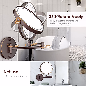 Rocollos Rechargeable Wall Mounted Lighted Makeup Mirror, 8 Inch Double-Sided LED Vanity Mirror 1X/10X Magnification,3 Color Lights Touch Screen Dimmable 360°Swivel 13 Inch Extendable