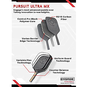 Engage Pickleball Pursuit Ultra MX - Carbon Fiber Elongated Shape Pickleball Paddle - RP2 Spin Texture - Long Handle - 1/2“ Powerful Black Core - USAP Approved - Lightweight
