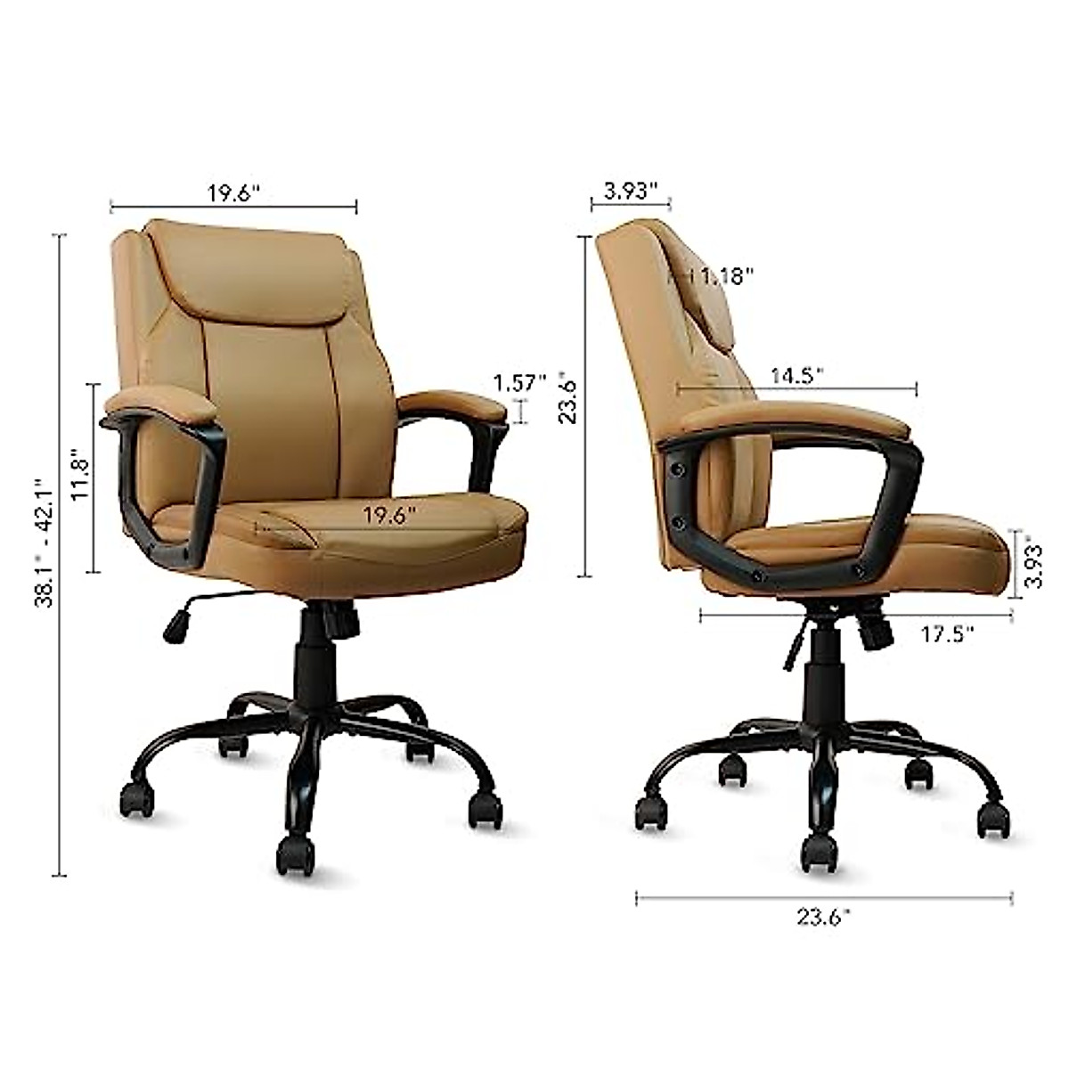 CLATINA Brown Office Chair Computer Chair PU Leather Executive Office Chair Swivel Adjustable Height Chair with Upholstery Fixed armrest Mid-Back Leather Thick Cushion Office Chair Brown 2Pack