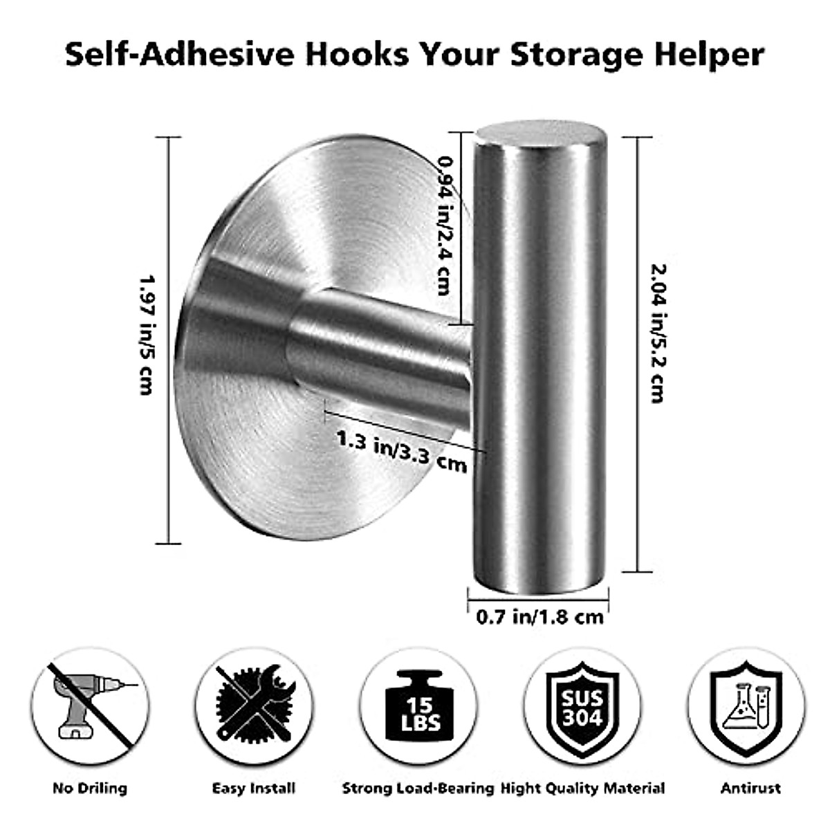 Adhesive Towel Hooks Heavy Duty Wall Hooks Stainless Steel Waterproof Shower Towel Hooks, Coat Hooks for Hanging Clothes, Door Hooks Adhesive Hooks for Bathroom- 2 Pack, Silver